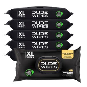 dude wipes - flushable wipes - 6 pack, 288 wipes - shea butter smooth extra-large adult wet wipes - vitamin-e & aloe - septic and sewer safe