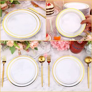 200 Pieces Disposable Plates Plastic Party Plates with Rim Hard Plastic Appetizer Salad Dessert Plates 7.5 Inch Elegant Heavy Duty Plates for Dinner Wedding Party Supplies(Gold Rim)