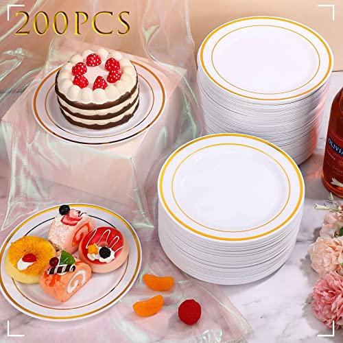 200 Pieces Disposable Plates Plastic Party Plates with Rim Hard Plastic Appetizer Salad Dessert Plates 7.5 Inch Elegant Heavy Duty Plates for Dinner Wedding Party Supplies(Gold Rim)