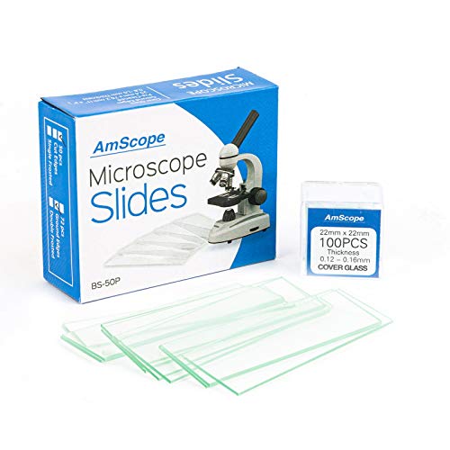 AmScope BS-50P-100S-22 Pre-Cleaned Blank Ground Edge Glass Microscope Slides and 100pc Pre-Cleaned Square Glass Cover Slips Coverslips