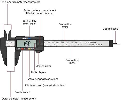 Digital Calipers,Electronic Digital Calipers,YKLSXKC LCD Screen displays 0-6"Caliper Measuring Tool,inch and Millimeter Conversion, Suitable for Jewelry Measurement and 3D Printing