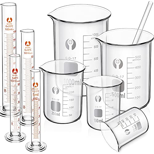 Feekoon 10 Pieces Glass Measuring Beaker and Graduated Measuring Cylinder with Stirring Rod 50/100/ 250/500/ 1000 ml Thick Glass Beakers and 5/10/ 50/100 ml Graduated Cylinders for Science Lab