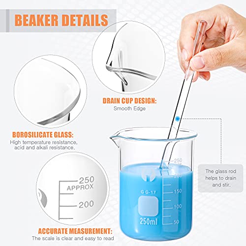 Feekoon 10 Pieces Glass Measuring Beaker and Graduated Measuring Cylinder with Stirring Rod 50/100/ 250/500/ 1000 ml Thick Glass Beakers and 5/10/ 50/100 ml Graduated Cylinders for Science Lab