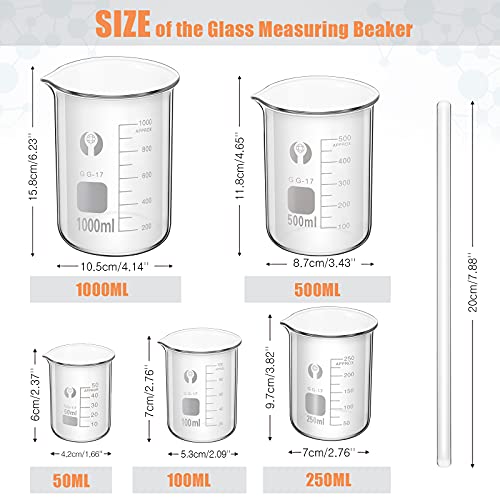 Feekoon 10 Pieces Glass Measuring Beaker and Graduated Measuring Cylinder with Stirring Rod 50/100/ 250/500/ 1000 ml Thick Glass Beakers and 5/10/ 50/100 ml Graduated Cylinders for Science Lab