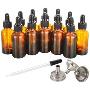 12 pcs, 1 oz dropper bottles for essential oils with 3 stainless steel funnels & 1 long glass dropper – 30ml amber glass bottles with eye droppers – tincture bottles, leak proof travel bottles for liquids