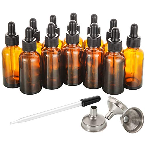 12 PCS, 1 oz Dropper Bottles for Essential Oils with 3 Stainless Steel Funnels & 1 Long Glass Dropper - 30ml Amber Glass Bottles with Eye Droppers - Tincture Bottles, Leak Proof Travel Bottles for Liquids