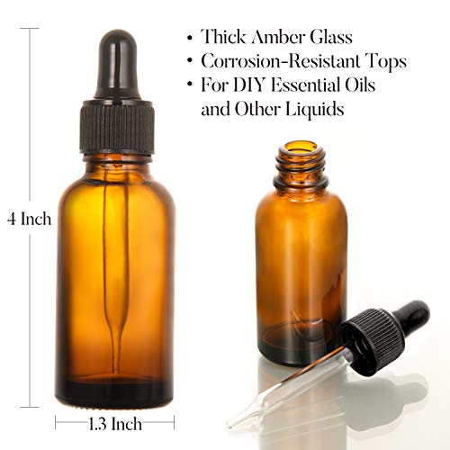 12 PCS, 1 oz Dropper Bottles for Essential Oils with 3 Stainless Steel Funnels & 1 Long Glass Dropper - 30ml Amber Glass Bottles with Eye Droppers - Tincture Bottles, Leak Proof Travel Bottles for Liquids