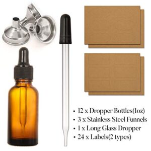 12 PCS, 1 oz Dropper Bottles for Essential Oils with 3 Stainless Steel Funnels & 1 Long Glass Dropper - 30ml Amber Glass Bottles with Eye Droppers - Tincture Bottles, Leak Proof Travel Bottles for Liquids