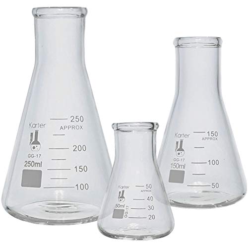 Glass Erlenmeyer Flask Set - 3 Sizes - 50, 150 and 250ml, Karter Scientific