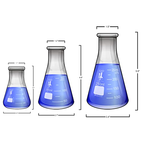 Glass Erlenmeyer Flask Set - 3 Sizes - 50, 150 and 250ml, Karter Scientific