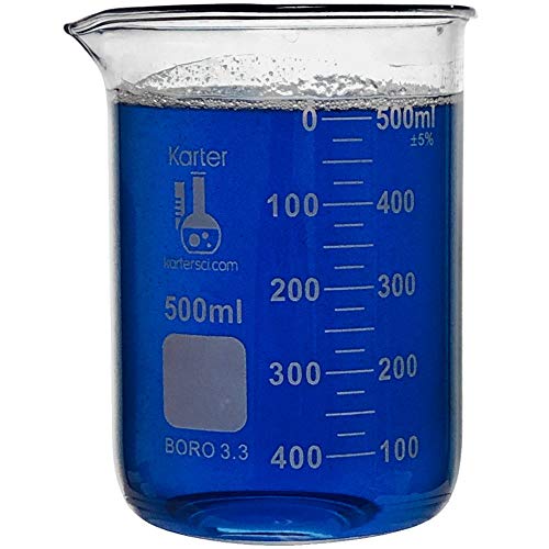 Glass Low Form Beaker Set, 6 Sizes - 10, 50, 100, 250, 500, and 1L, 3.3 Borosilicate Glass, Karter Scientific