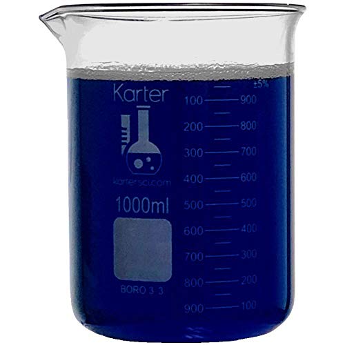 Glass Low Form Beaker Set, 6 Sizes - 10, 50, 100, 250, 500, and 1L, 3.3 Borosilicate Glass, Karter Scientific