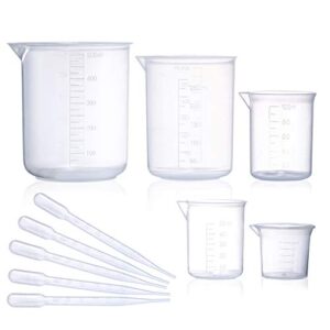 plastic beaker set, 5 sizes low form measuring graduated griffin polypropylene beakers in 500 ml, 250 ml, 100 ml, 50 ml, 25 ml for laboratory, & science experiments with 5 plastic droppers in 3 ml