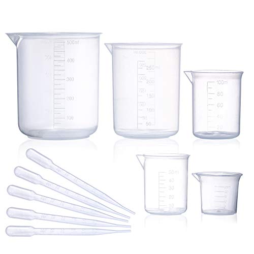 Plastic Beaker Set, 5 Sizes Low Form Measuring Graduated Griffin Polypropylene Beakers in 500 ml, 250 ml, 100 ml, 50 ml, 25 ml for Laboratory, & Science Experiments with 5 Plastic Droppers in 3 ml