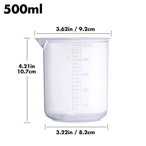 Plastic Beaker Set, 5 Sizes Low Form Measuring Graduated Griffin Polypropylene Beakers in 500 ml, 250 ml, 100 ml, 50 ml, 25 ml for Laboratory, & Science Experiments with 5 Plastic Droppers in 3 ml