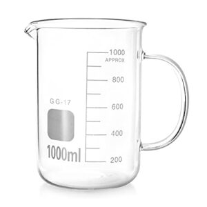 qwork beaker with handle, 1000ml/33.81oz measuring cup, borosilicate glass,beaker mug with pouring spout