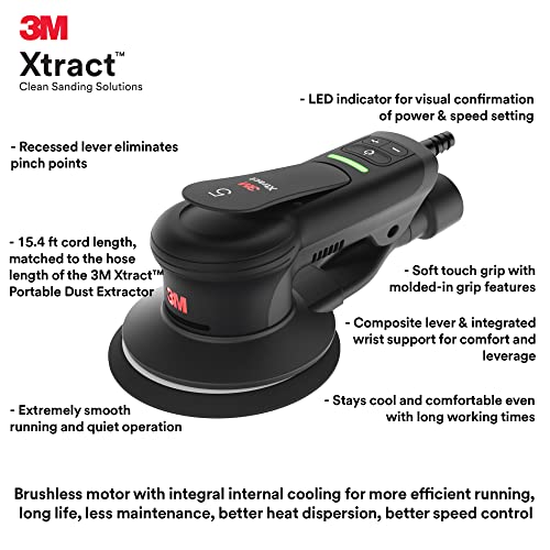 3M Xtract Electric Random Orbital Sander, Ergonomic and Lightweight ROS, 88762, 5 in, Central Vacuum, 3/32 in Orbit, 110V, 350W Motor, Metal Fabrication, Woodworking