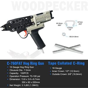 WOODPECKER C-760FA 16 Guage Pneumatic Hog Ring Gun, Standard 3.0mm Closure Diameter, 1/2-Inch Crown Hog Ring Staples, Power Hog Ring Gun Air Hog Ring Plier Tool for Wire Cages, Seat Making, Fencing