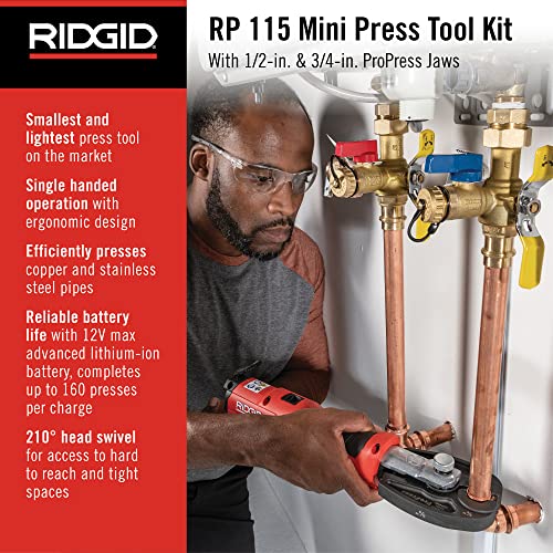 RIDGID 72553, RP 115 Mini Press Tool Kit with 1/2" - 3/4" ProPress Jaws and Carrying Case