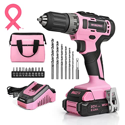 WORKPRO 20V Pink Cordless Drill Driver Set, 3/8” Keyless Chuck, 2.0 Ah Li-ion Battery, 1 Hour Fast Charger and 11-inch Storage Bag Included