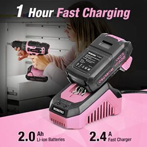 WORKPRO 20V Pink Cordless Drill Driver Set, 3/8” Keyless Chuck, 2.0 Ah Li-ion Battery, 1 Hour Fast Charger and 11-inch Storage Bag Included