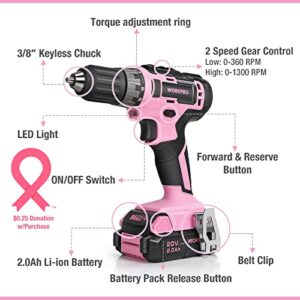 WORKPRO 20V Pink Cordless Drill Driver Set, 3/8” Keyless Chuck, 2.0 Ah Li-ion Battery, 1 Hour Fast Charger and 11-inch Storage Bag Included