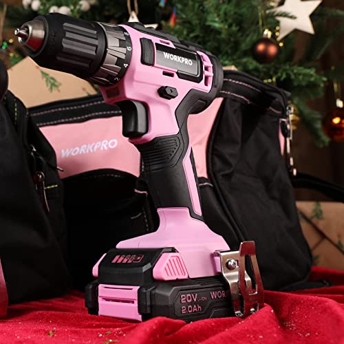 WORKPRO 20V Pink Cordless Drill Driver Set, 3/8” Keyless Chuck, 2.0 Ah Li-ion Battery, 1 Hour Fast Charger and 11-inch Storage Bag Included