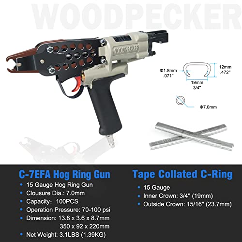 WOODPECKER C-7EF 15 Gauge Pneumatic Hog Ring Gun, Intensified Power, 3/4-inch Crown 7.0mm Closure Diameter, Air Hog Ring Plier Tool for Wire Cages, Fencing