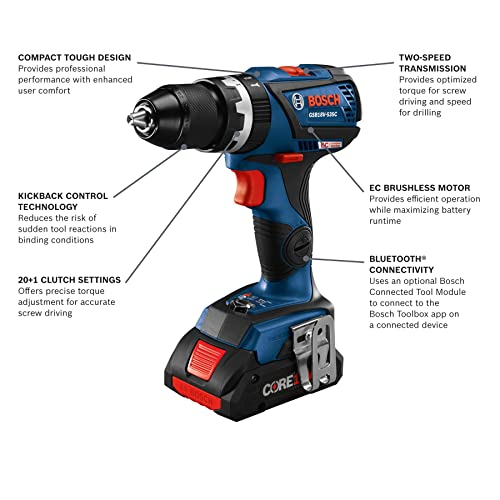 BOSCH GXL18V-501B25 18V 5-Tool Combo Kit with Two-In-One Bit/Socket Impact Driver, 1/2 In. Hammer Drill/Driver, Reciprocating Saw, Circular Saw, LED Worklight and (2) CORE18V 4.0 Ah Compact Batteries