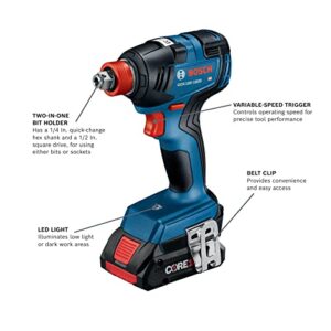 BOSCH GXL18V-501B25 18V 5-Tool Combo Kit with Two-In-One Bit/Socket Impact Driver, 1/2 In. Hammer Drill/Driver, Reciprocating Saw, Circular Saw, LED Worklight and (2) CORE18V 4.0 Ah Compact Batteries