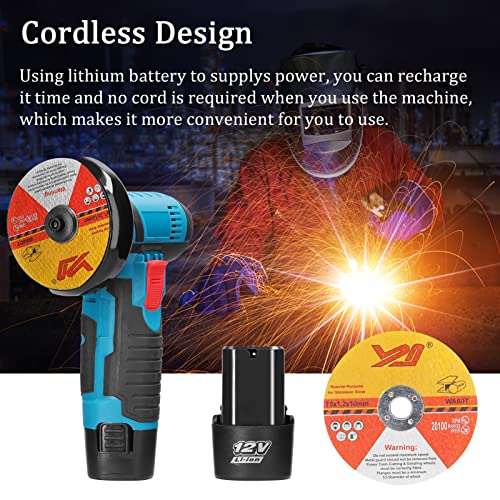 Angle Grinder, Geevorks Grinders Power Tools 12 V Handheld Portable Electric Grinder Machine with 2 Cutting Disc/2PCS 1300mAh Battery