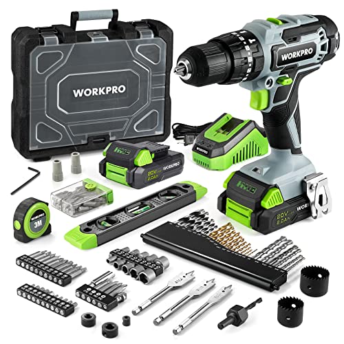 WORKPRO 20V Max Cordless Drill Driver Set, Electric Power Impact Drill Tool with 102 Pieces Accessories, 1/2'' Chuck Impact Drill Kit with Portable Case, 2 x 2.0Ah Li-ion Batteries with Fast Charger