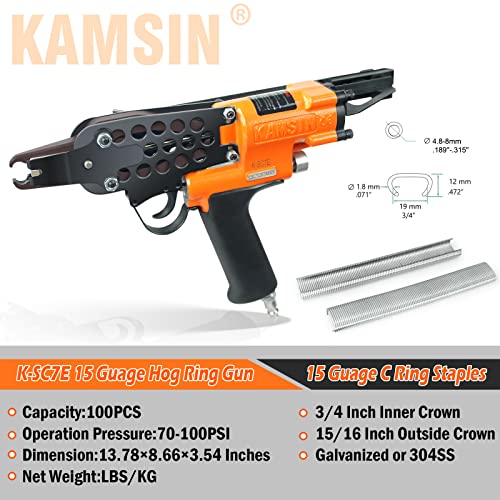 Kamsin K-SC7E 15 Gauge Pneumatic Hog Ring Gun 3/4-Inch Crown Long Nose Air Power C Ring Gun, 7-8mm Closure Diameter Hog Ring Stapler, C Ring Stapler Fencing Tool for Spring Mattress, Cages, Car Seat