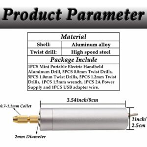 Dianrui Mini Portable Electric Handheld Aluminum Drill with 15pcs 0.8-1.2mm Twist Drills and 1pcs 1.5mm Wrench, Including 1pcs 2A Power Supply and 1pcs USB Adapter Wire K1-033-set