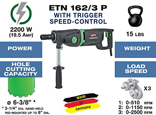 CS Unitec ETN 162/3 P - 6-3/8" Capacity Concrete Core Drill - Wet/Dry Diamond Core Drill - 3-Speed For Concrete, Brick, Block, and Stone - MADE IN GERMANY - 110V