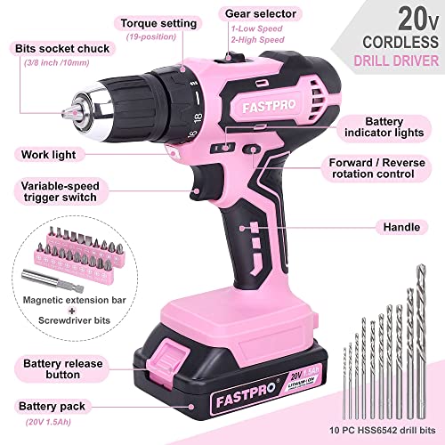 FASTPRO 232-Piece 20V Pink Cordless Lithium-ion Drill Driver and Home Tool Set, Lady's Home Repairing Tool Kit with 12-Inch Wide Mouth Open Storage Tool Bag