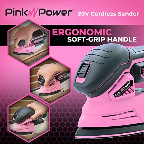 Pink Power Detail Sander for Woodworking 20V Cordless Electric Hand Sander for Wood Furniture - Mini Palm Sander Tool with Sandpaper, Li-Ion Battery & Charger - Small Handheld Sanding Machine