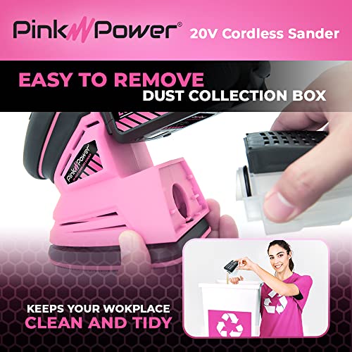 Pink Power Detail Sander for Woodworking 20V Cordless Electric Hand Sander for Wood Furniture - Mini Palm Sander Tool with Sandpaper, Li-Ion Battery & Charger - Small Handheld Sanding Machine