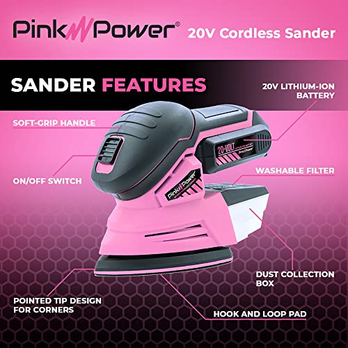 Pink Power Detail Sander for Woodworking 20V Cordless Electric Hand Sander for Wood Furniture - Mini Palm Sander Tool with Sandpaper, Li-Ion Battery & Charger - Small Handheld Sanding Machine