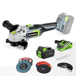 workpro 20v cordless angle grinder kit, 4-1/2 inch, lightweight angle grinder tool w/ 4.0ah lithium-ion battery & fast charger, ergonomic button position for reducing hand pressure