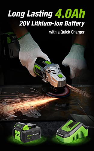 WORKPRO 20V Cordless Angle Grinder Kit, 4-1/2 Inch, Lightweight Angle Grinder Tool w/ 4.0Ah Lithium-Ion Battery & Fast Charger, Ergonomic Button Position for Reducing Hand Pressure