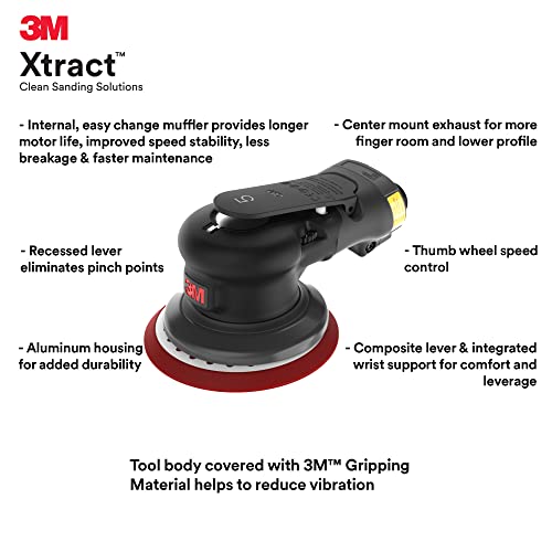 3M Pneumatic Random Orbital Sander - Xtract ROS, 88950, 6 in, Non-Vacuum, 3/16 in Orbit, Lightweight and Comfortable, 12000 RPM, 209W Motor, 3 Speed Settings with Thumb Control