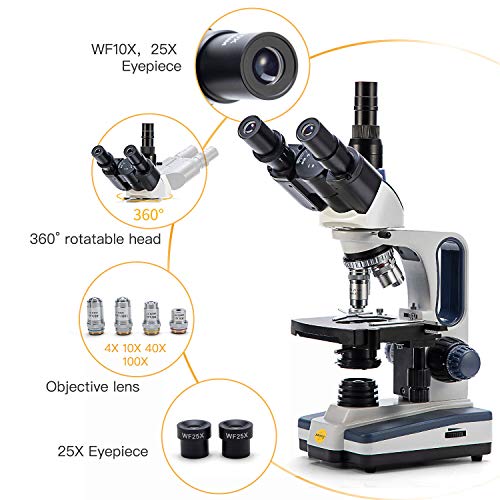 Swift Trinocular Compound Microscope SW350T,40X-2500X Magnification,Siedentopf Head,Research-Grade,Two-Layer Mechanical Stage,1.3mp Camera and Software Windows and Mac Compatible