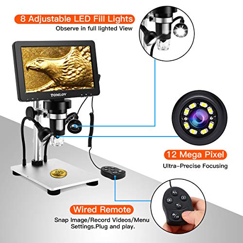 TOMLOV DM9 7" LCD Digital Microscope 1200X, 1080P Video Coin Microscope with Metal Stand, 12MP Ultra-Precise Focusing, LED Fill Lights, PC View, Windows/Mac OS Compatible, with SD Card, Model- DM9