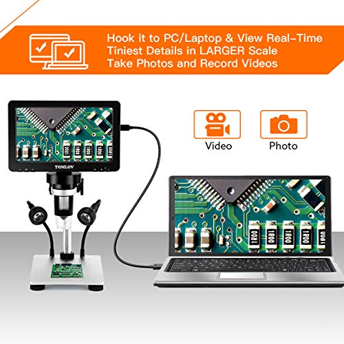 TOMLOV DM9 7" LCD Digital Microscope 1200X, 1080P Video Coin Microscope with Metal Stand, 12MP Ultra-Precise Focusing, LED Fill Lights, PC View, Windows/Mac OS Compatible, with SD Card, Model- DM9