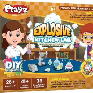 Playz Explosive Kitchen Lab Educational Science Kit for Kids Age 8-12 with 26 Science Experiments to Make Citrus Rockets, Sour LED Lights & More - Chemistry Set Toys for Boys, Girls, Teenagers & Kids