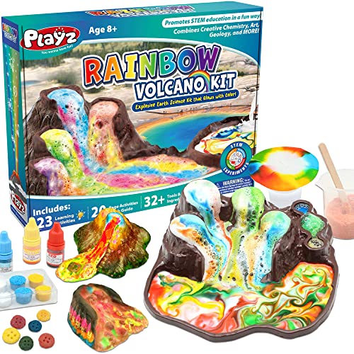 Playz Explosive Rainbow Volcano Kit for Kids with 23+ Science Chemistry Set Activities & Experiments, Glow in The Dark Learning & Education Toys, & Earth Science Kits for Kids Age 8-12, Boys, & Girls