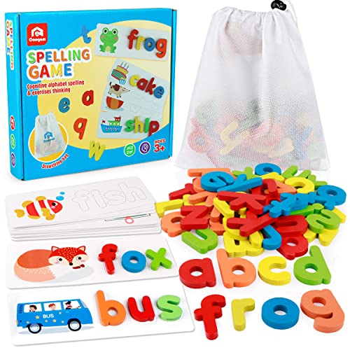 Coogam Read Spelling Learning Toy, Wooden Alphabet Flash Cards Matching Sight Words ABC Letters Recognition Game Preschool Educational Tool Set for 3 4 5 Years Old Girls and Boys Kids