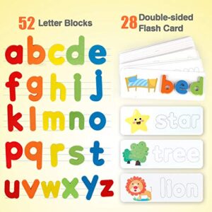 Coogam Read Spelling Learning Toy, Wooden Alphabet Flash Cards Matching Sight Words ABC Letters Recognition Game Preschool Educational Tool Set for 3 4 5 Years Old Girls and Boys Kids