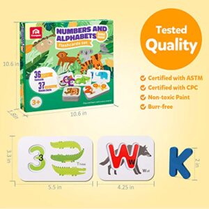 Coogam Numbers and Alphabets Flash Cards Set - ABC Wooden Letters and Numbers Animal Pattern Board Matching Puzzle Game Montessori Educational Learning Toys Gift for Preschool Kids Age 3 4 5 Years